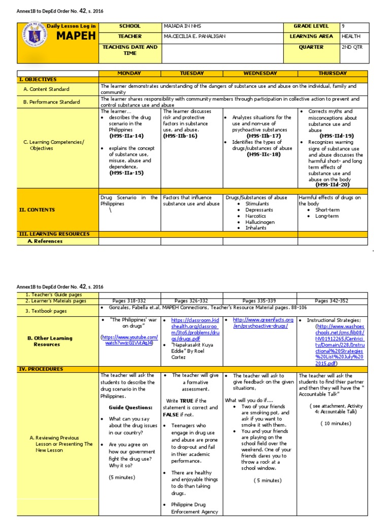 Q2 Grade 9 HEALTH DLL Week 1 | PDF | Substance Abuse | Teachers