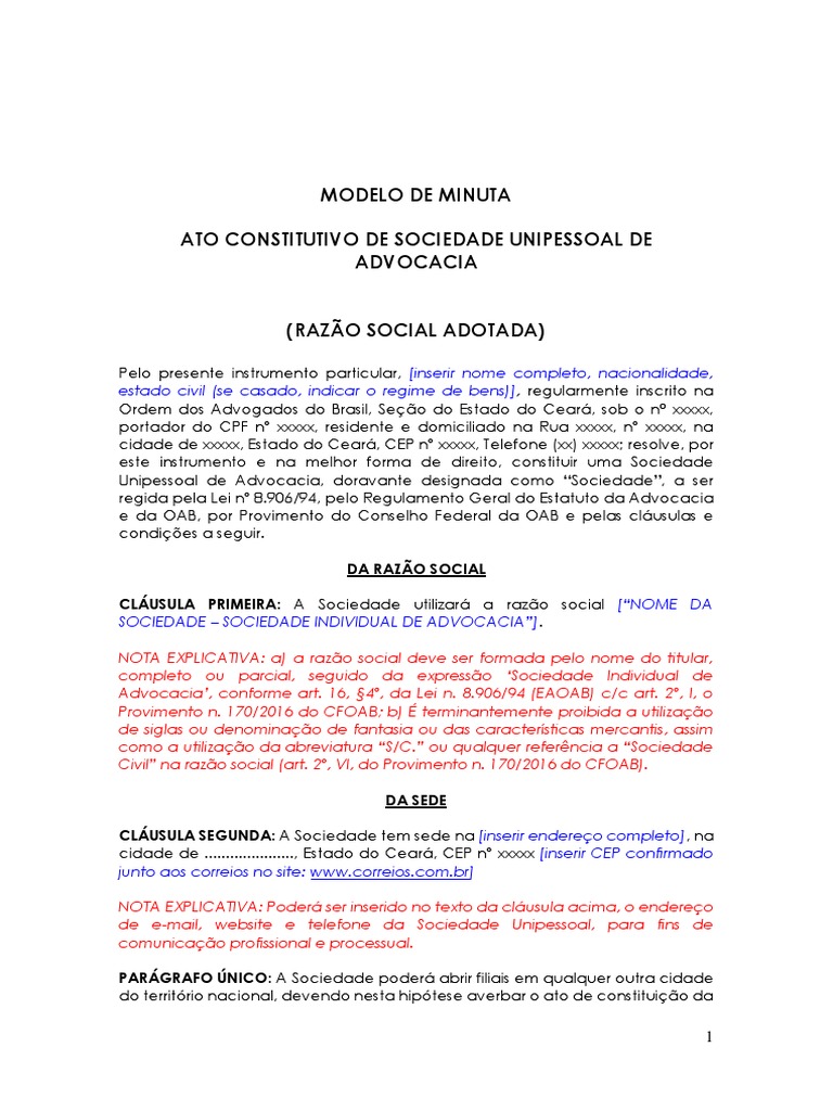 Modelo de Ato Constitutivo de Sociedade Unipessoal de Advocacia | PDF ... Modelo de Ato Constitutivo de Sociedade Unipessoal de Advocacia | PDF ...