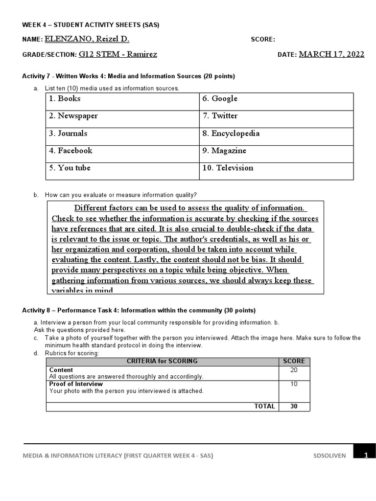 Elenzano Mil Week4 | PDF | Information | Rubric (Academic)
