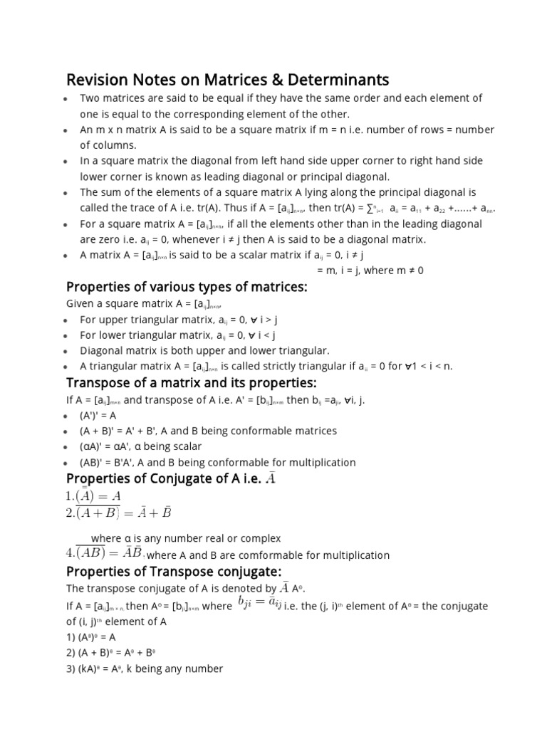 Matrix and Determinants Notes | PDF | Matrix (Mathematics) | Determinant