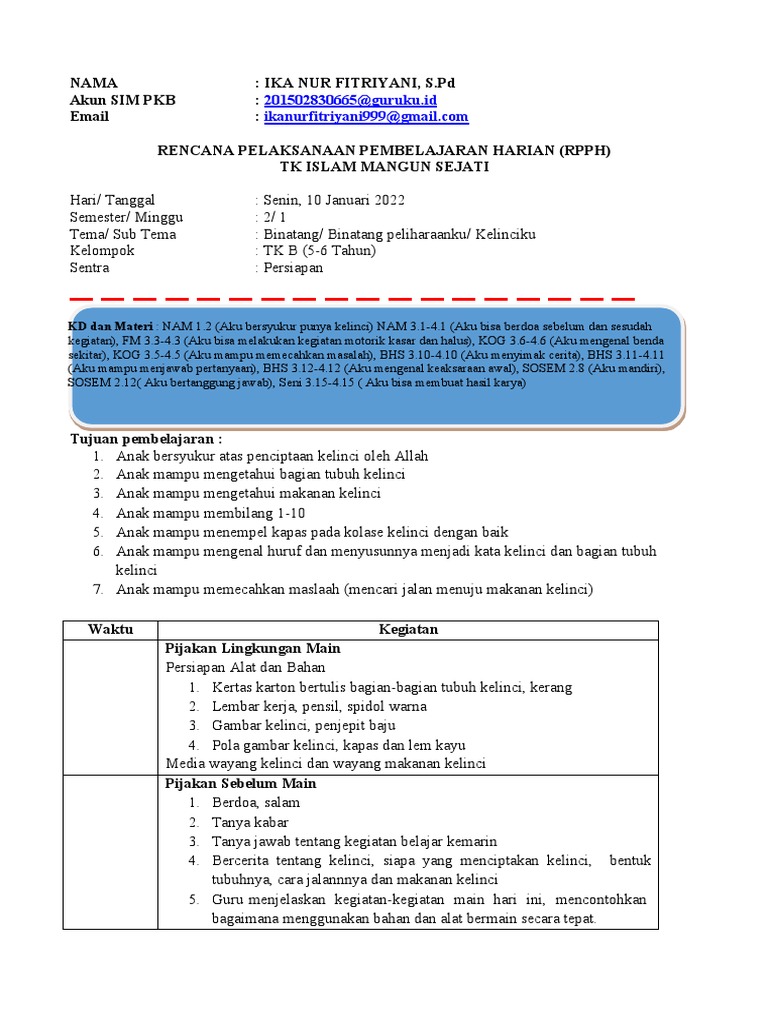 RPPH Tema Binatang Sub Tema Binatang Peliharaan | PDF