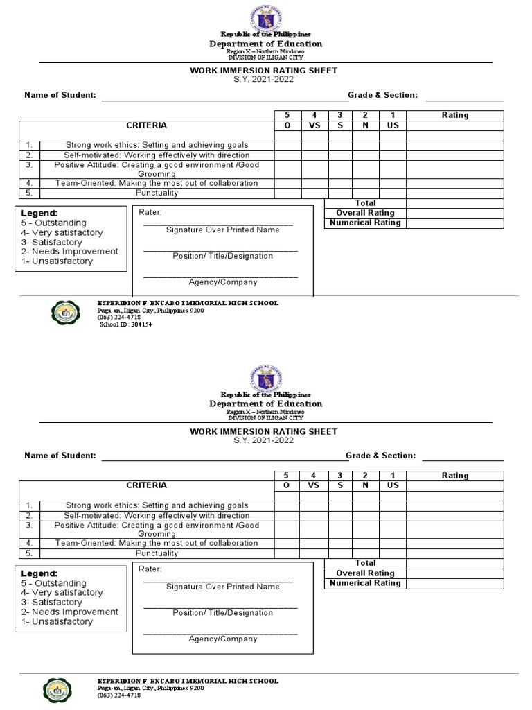 Work Immersion Rating Sheet | PDF