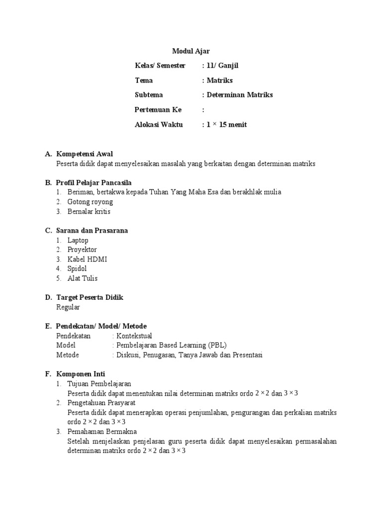 Modul Ajar Determinan Matriks (Winda Febryanti-20310025) | PDF | Karier & Perkembangan