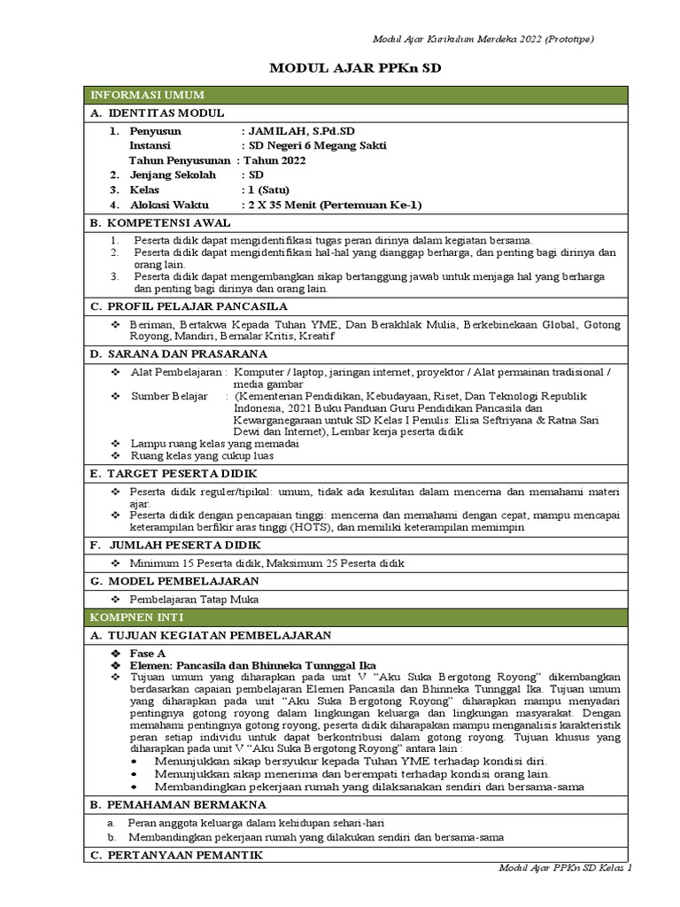 Modul Ajar PPKN BAB 5 KELAS 1 | PDF