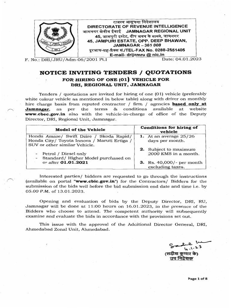 Tender Notice Vehicle Jamnagar 04012023 | PDF | Taxes | Employment