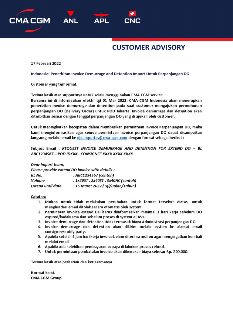 DND CUSTOMER ADVISORY Invoice Demurrage and Detention Import (Bahasa Indonesia) | PDF