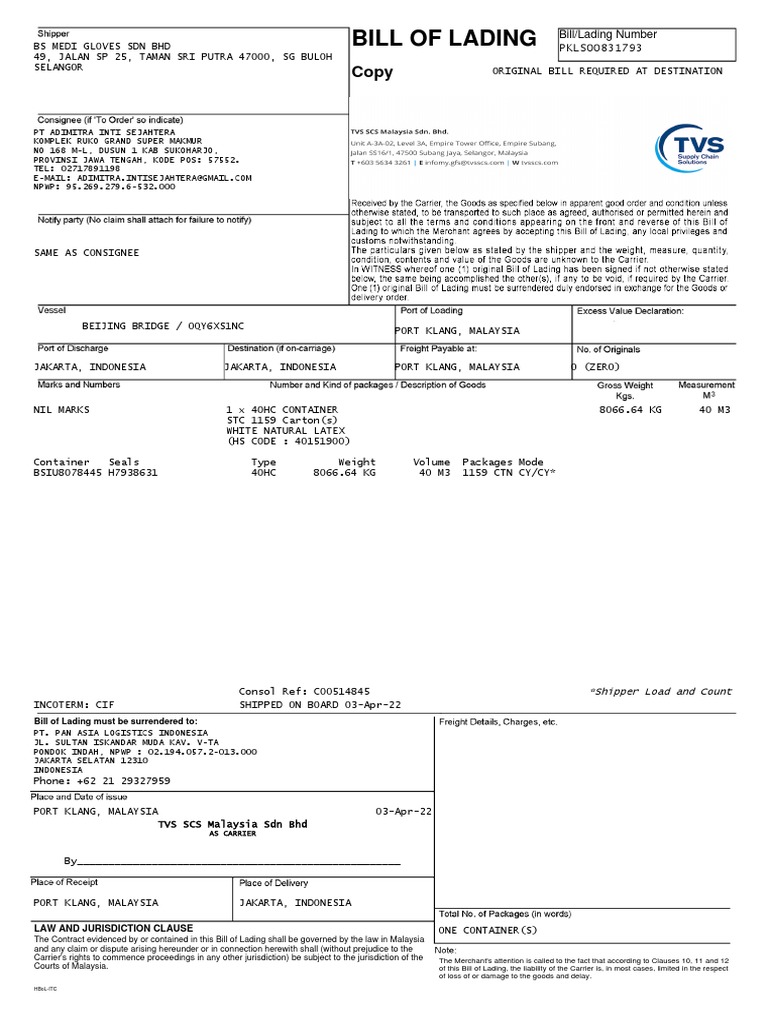 Bill of Lading - PKLS00831793 | PDF | Cargo | Bill Of Lading