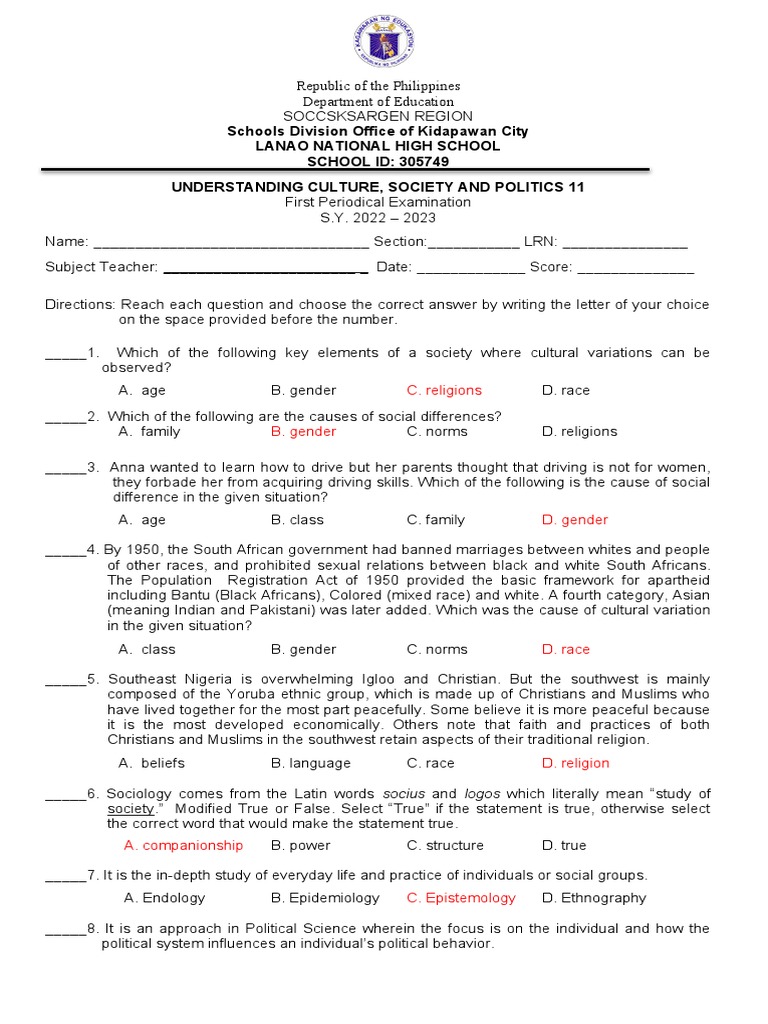 UCSP 11 Summative Test 1st - Quarter - With Answer Key | PDF ...