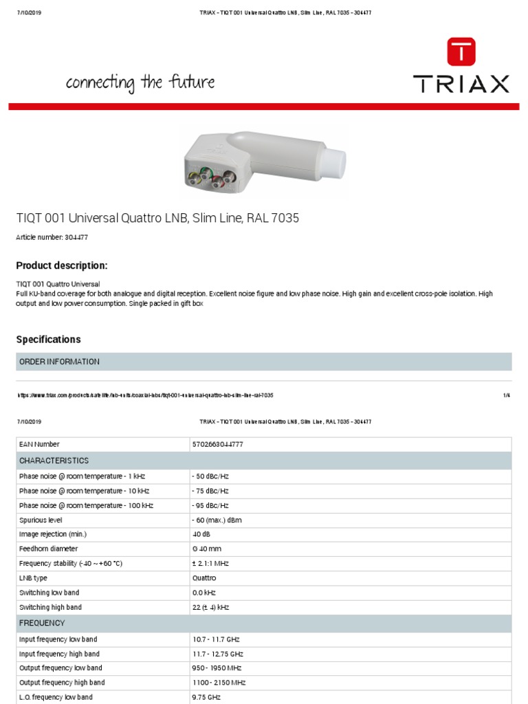 TRIAX - TIQT 001 Universal Quattro LNB, Slim Line, RAL 7035 - 304477 | PDF | Hertz | Decibel