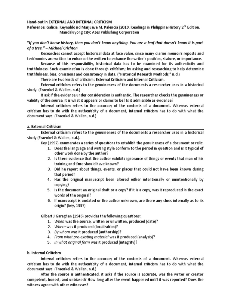 Lecture On External and Internal Criticisms | PDF | Witness | Hypothesis