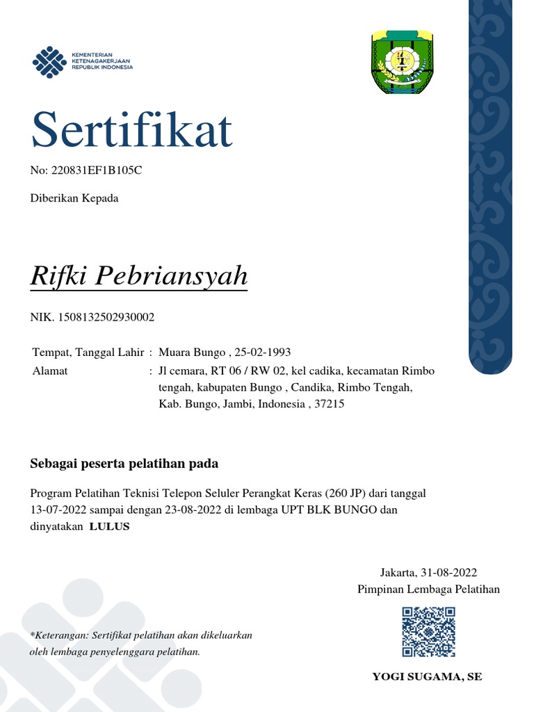 Sertifikat Pelatihan Teknisi HP | PDF