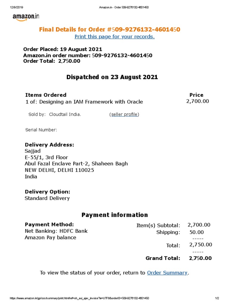 Amazon Books Invoice | PDF | Finance & Money Management