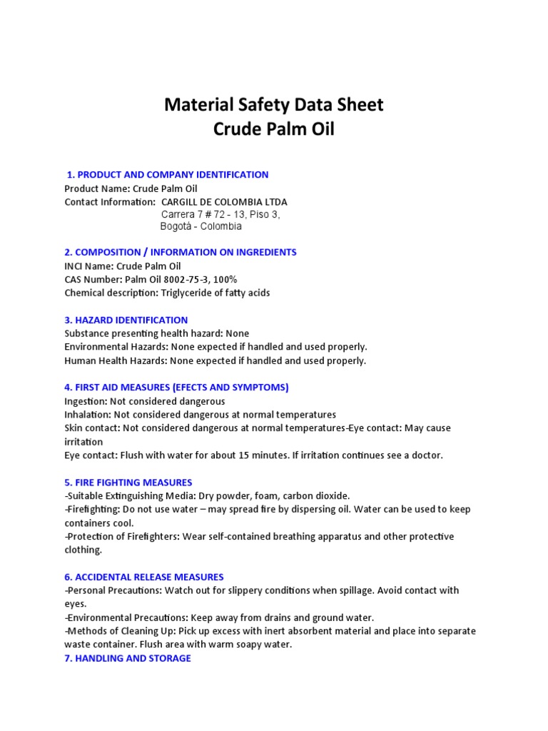 Material Safety Data Sheet CPO CARGILL | PDF | Toxicity | Water