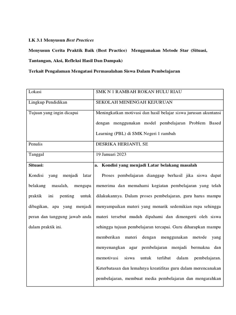LK 3.1 Menyusun Best Practices A2 Desrika Herianti | PDF | Karier & Perkembangan