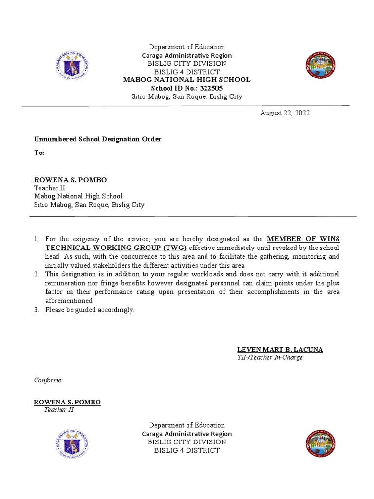 TWG Designation Orders for Teachers | PDF