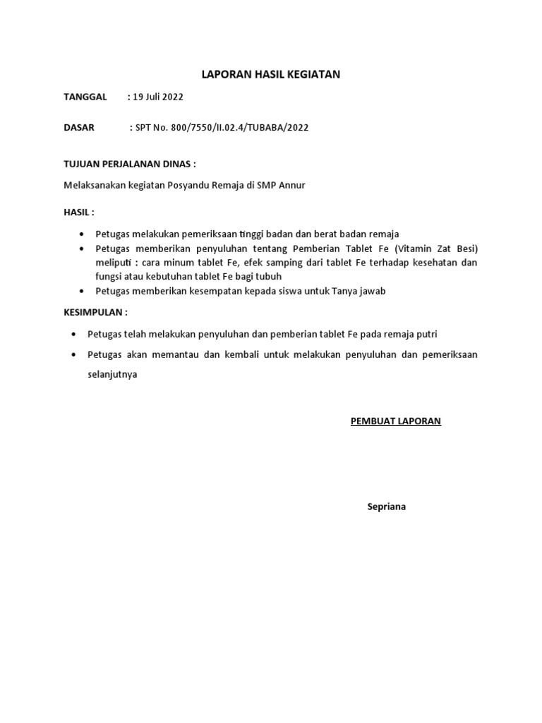 Laporan Hasil Kegiatan Posyandu Remaja | PDF