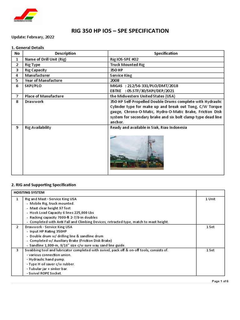 350 HP Truck Mounted Rig Specifications | PDF | Pump | Manufactured Goods