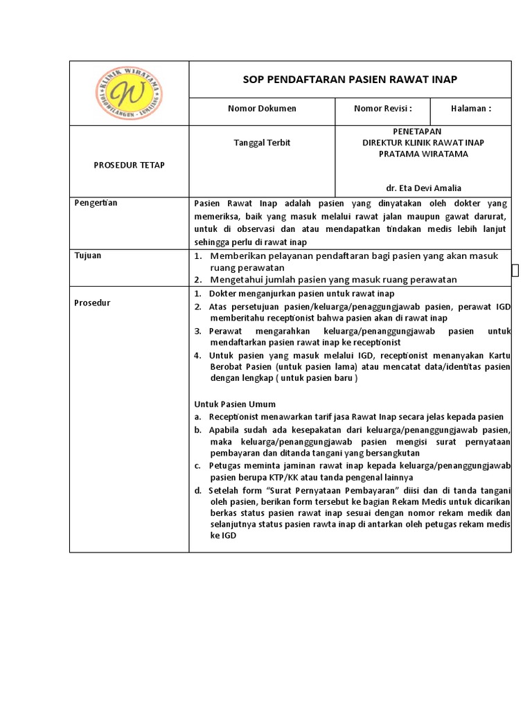 Sop Pendaftaran Pasien Ranap | PDF
