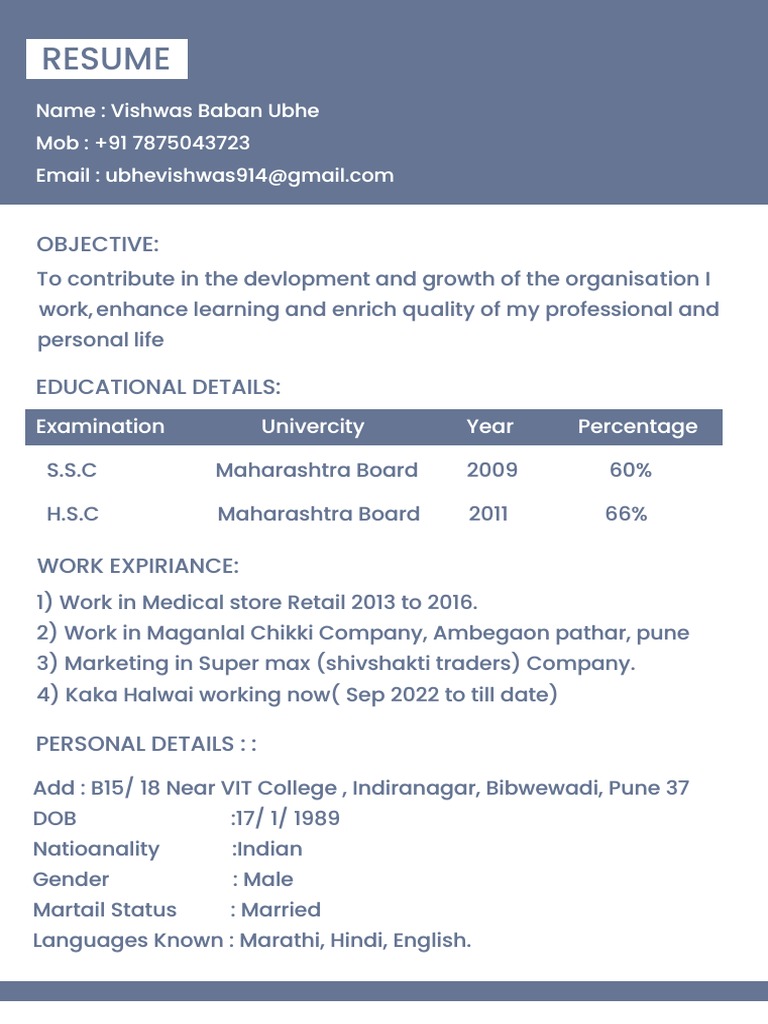 Resume Vishwas Ubhe | PDF