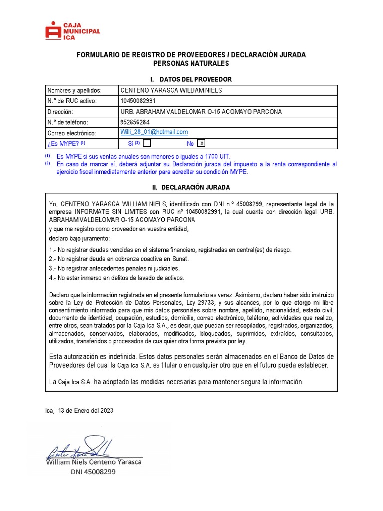 Anexo 1 - Formulario Registro de Proveedores Declaración Jurada Personas Naturales - (V5) | PDF ...