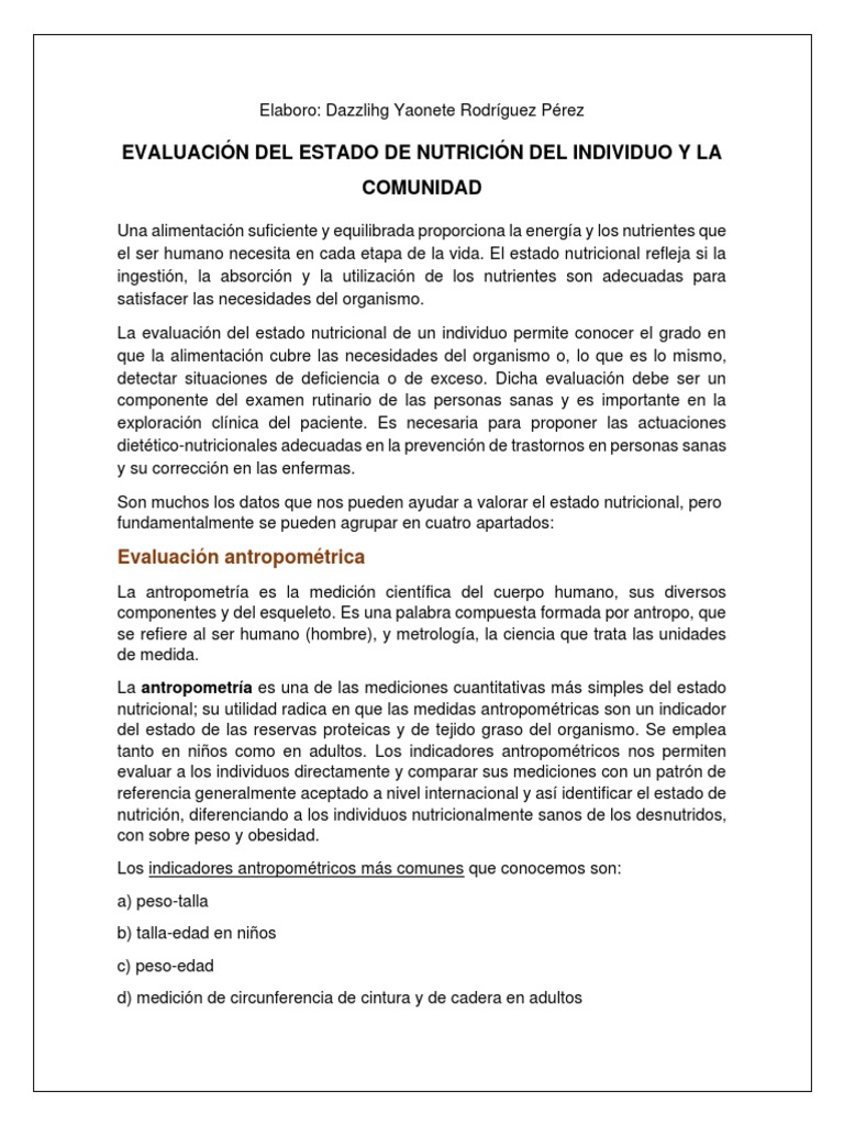 Resumen-Evaluacion Del Estado Nutricional | PDF | Obesidad | Nutrición