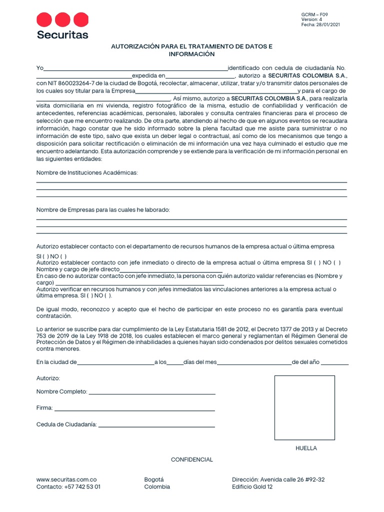 Formato de Autorizacion Securitas 2021 | PDF | Privacidad de la información | Justicia