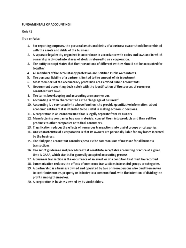 Fundamentals of Accounting - Quiz 1 | PDF