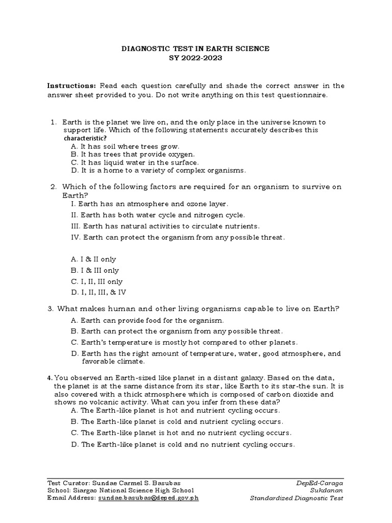(Earth Science) Diagnostic Test | PDF | Plate Tectonics | Earth
