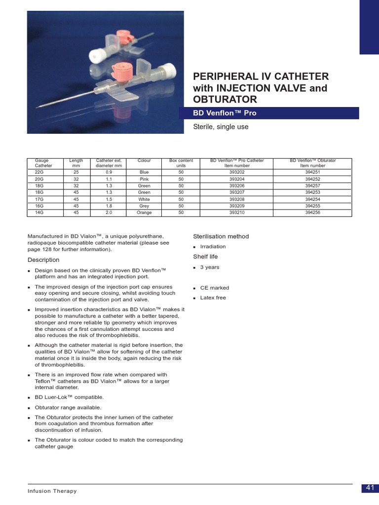 Peripheral Iv Catheter With Injection Valve and Obturator: BD Venflon ...