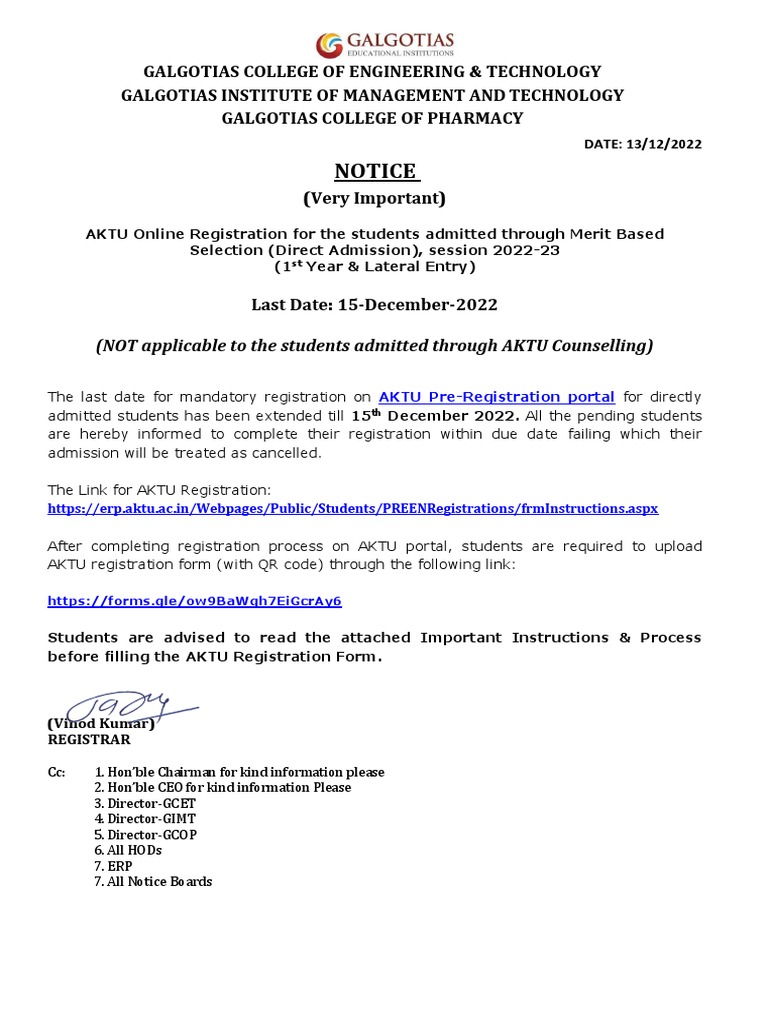 Notice - AKTU Online Registration For Direct Admisison - 2022 Last Date 15-12-2022 | PDF ...