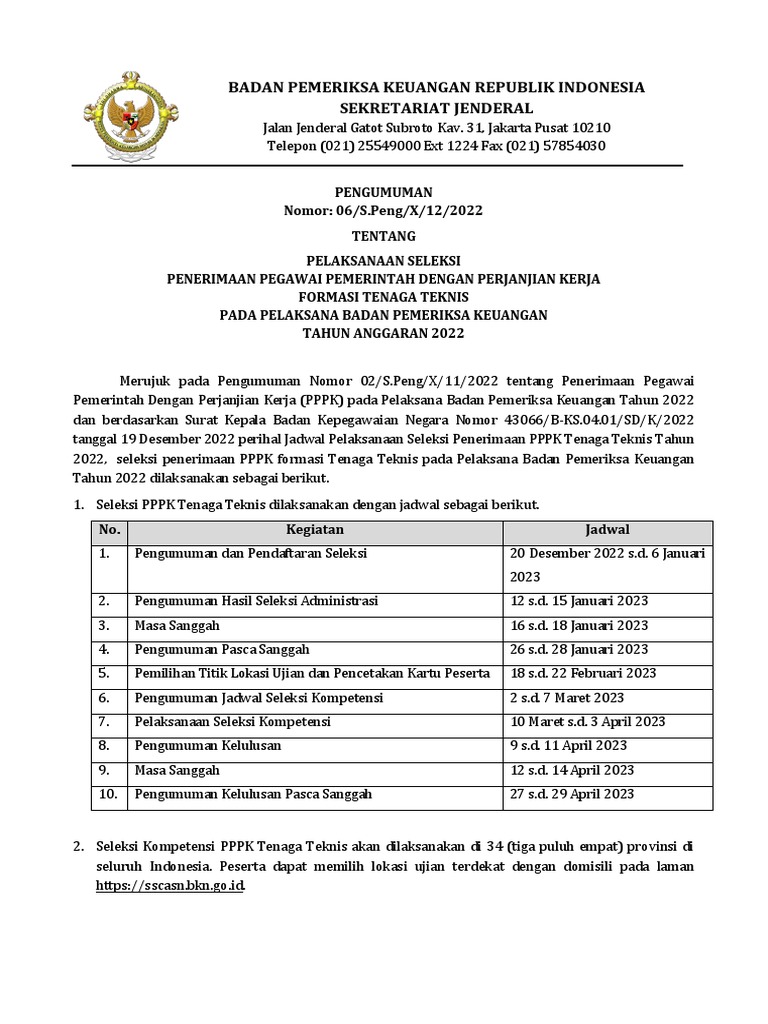 6 SPeng Pengumuman Pelaksanaan Seleksi PPPK Formasi Tenaga Teknis SIGNED | PDF