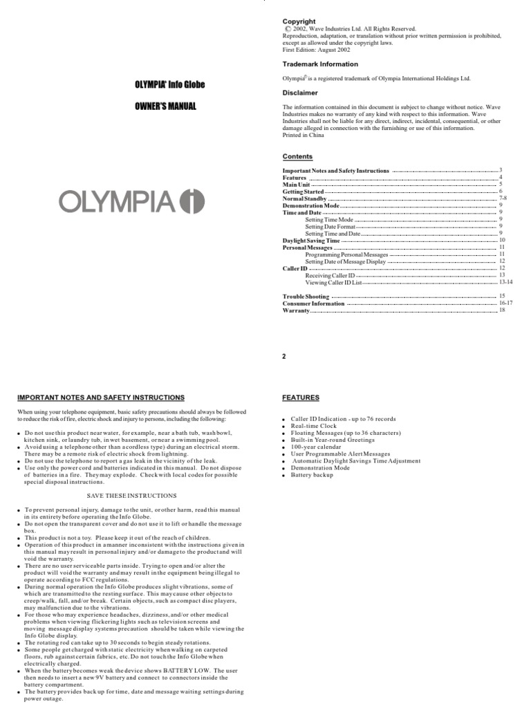 OLYMPIA - Info Globe (OL3200.2, Question Mark) - Owner's Manual (Version - August 2002) | PDF ...