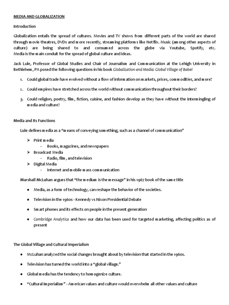 Media and Globalization Notes | PDF | Mass Media | Television