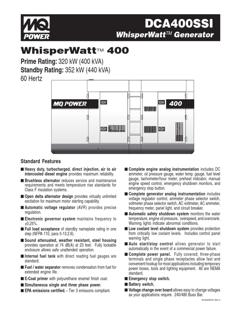 Dca 400 Ssi Datasheet | PDF | Horsepower | Electric Generator