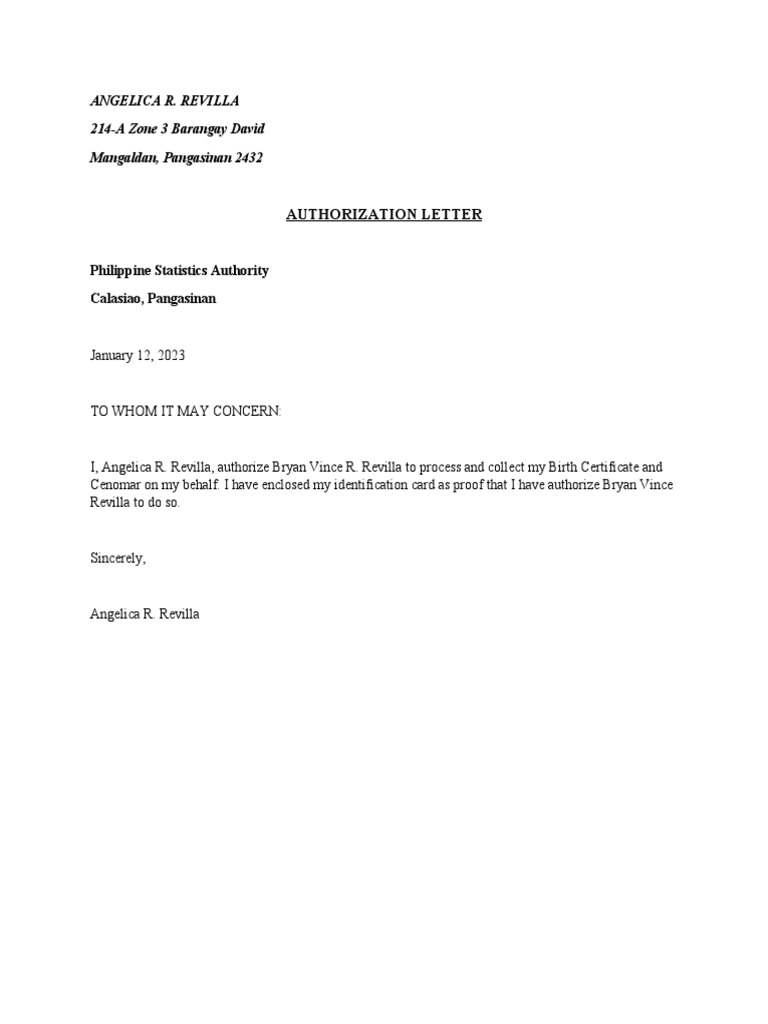 Authorization Letter - Psa & Cenomar | PDF Authorization Letter - Psa & Cenomar | PDF