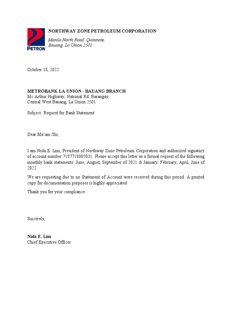 Bank Statement Request Letter | PDF