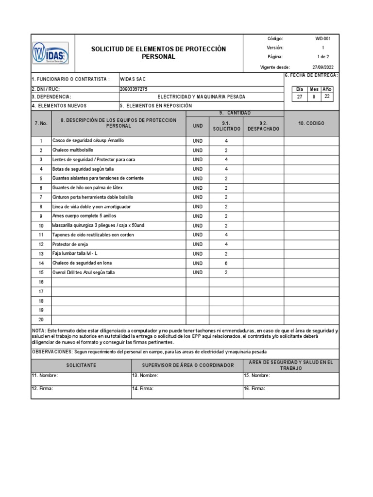 Solicitud de Epp Widas - Electricidad, Maquinaria Pesada | PDF