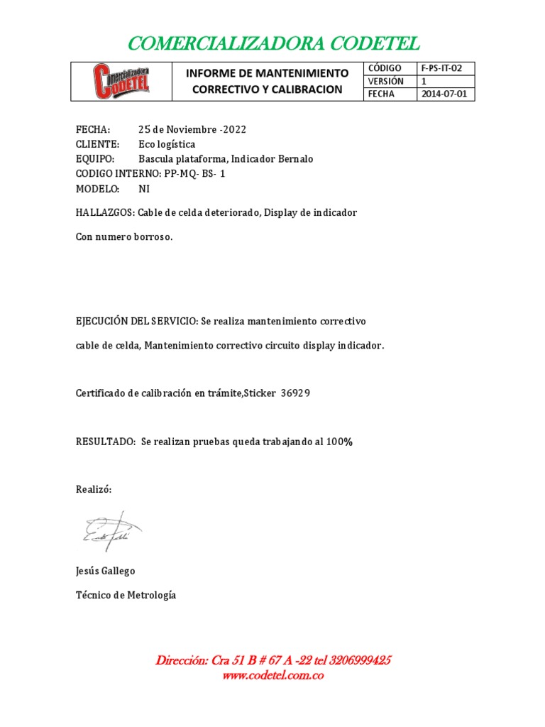 Inf de Servicio Bascula #1 | PDF