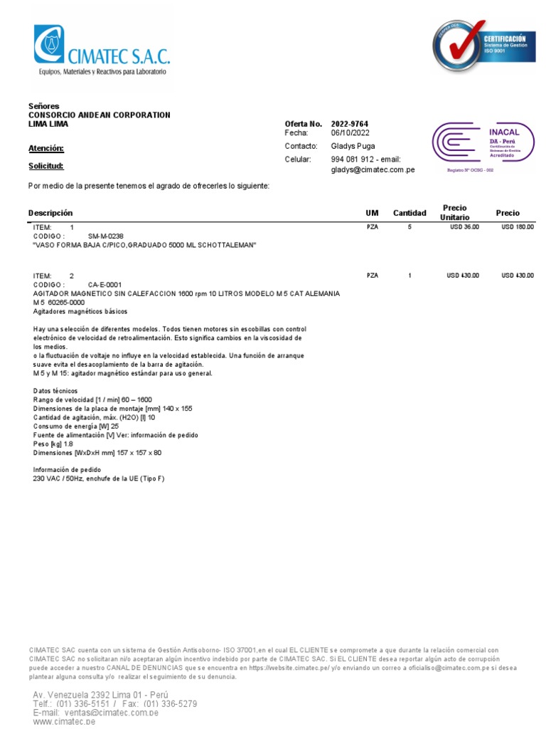 CIMATEC SAC Cotizacion | PDF