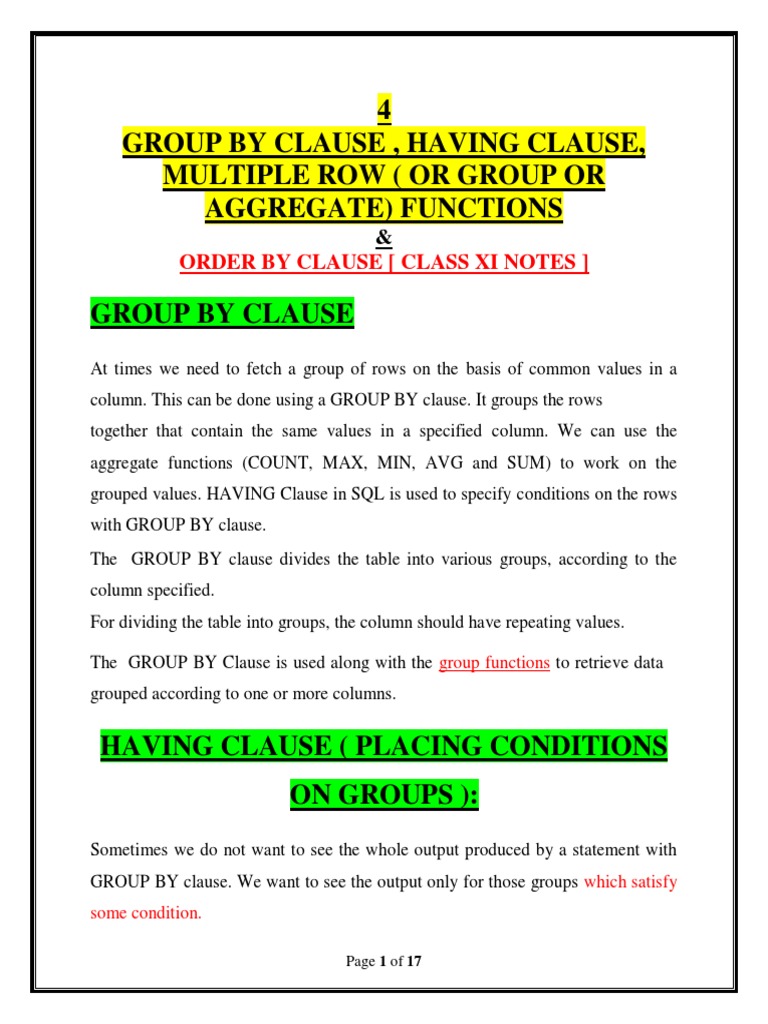 4 Group by Clause, Having Clause, Multiple Row (Or Group or Aggregate) Functions | PDF ...