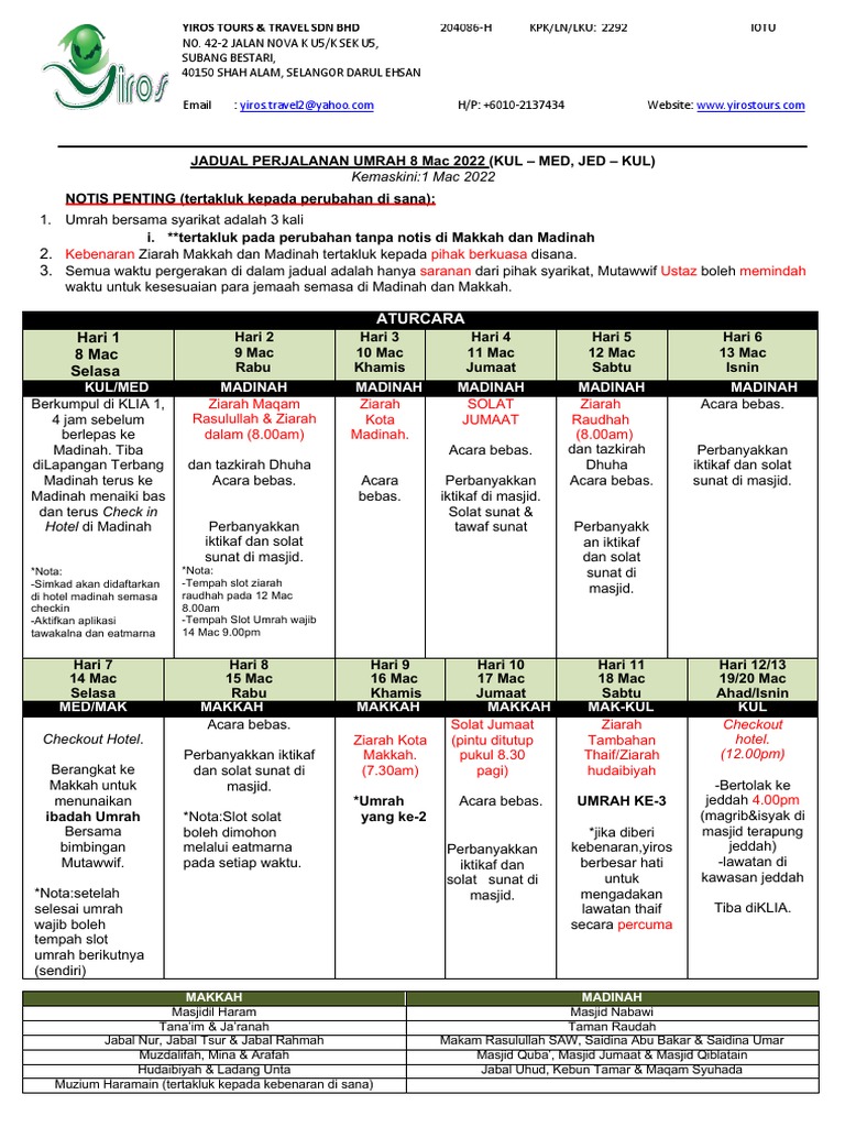 (Yiros) 8 Mac Itinerary (Kul-Med, Jed-Kul) | PDF