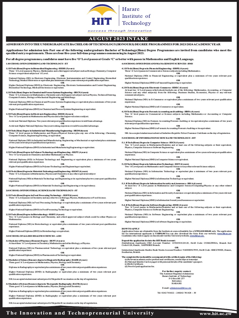 Hit August 2023 Admissions Advert | PDF | Academic Degree | Engineering