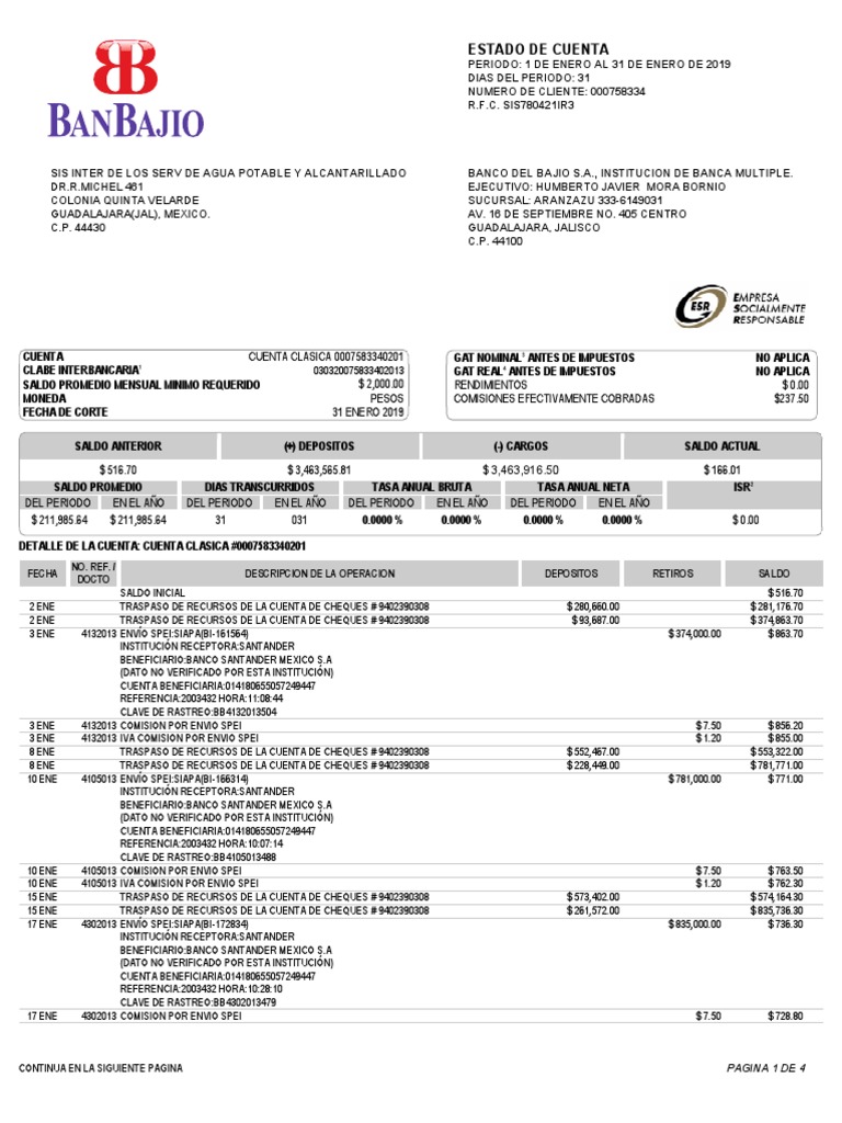 Bajio 201901 758334 Estado de Cuenta Enero 2019 | PDF | Bancos | Interés
