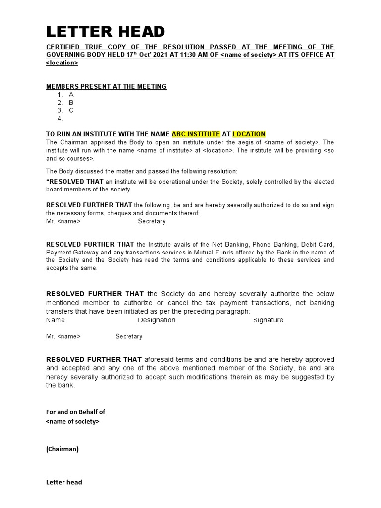 Resolution Format of A Society | PDF