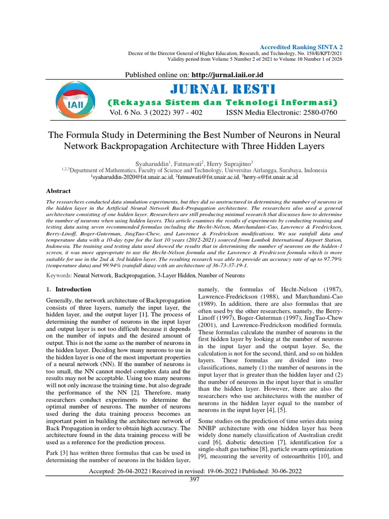 S2-RESTI-The Formula Study in Determining The Best Number of Neurons in Neural Network ...