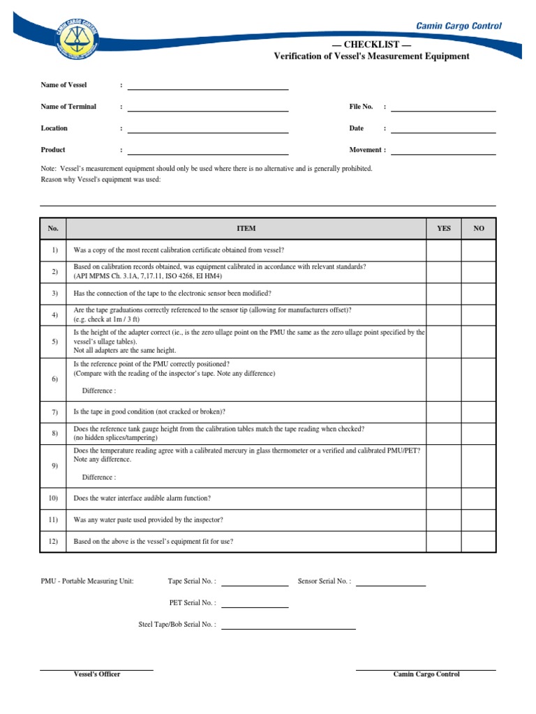 Verification of Vessel's Measurement Equipment - Checklist | PDF ...