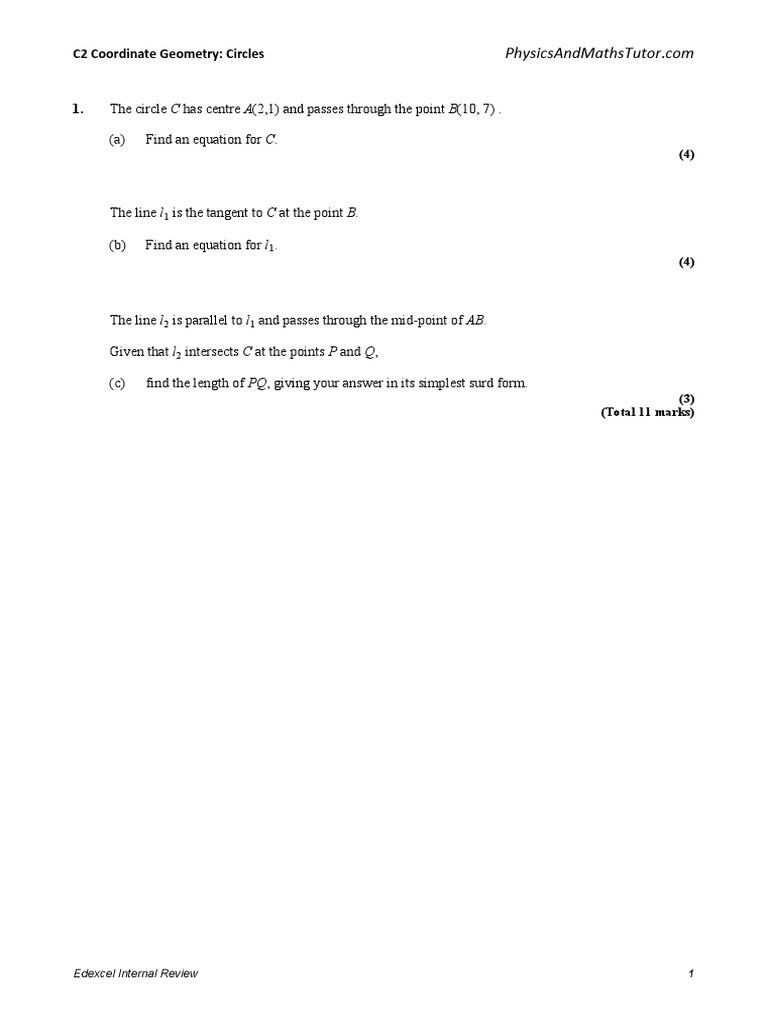 C2 Coordinate Geometry: Circles: Edexcel Internal Review 1 | PDF ...