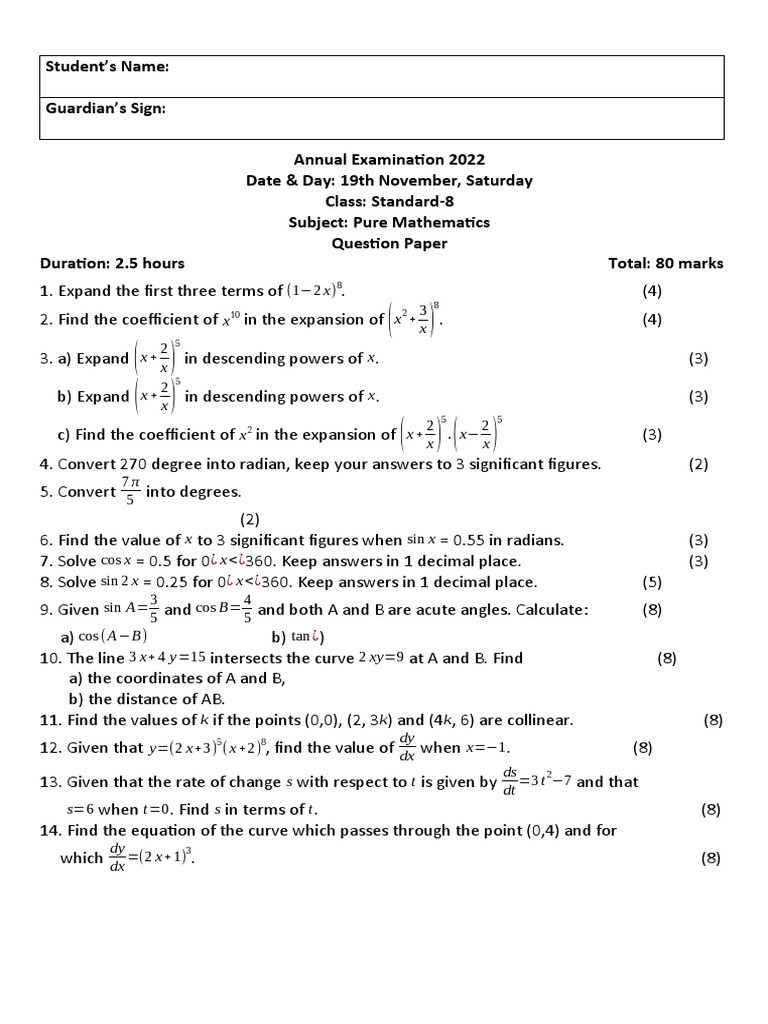 Annual Exam 2022 Maths Paper | PDF | Mathematical Analysis | Mathematics