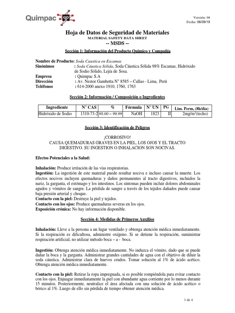 MSDS Soda Cáustica en Escamas | PDF | Hidróxido de sodio | Quemar