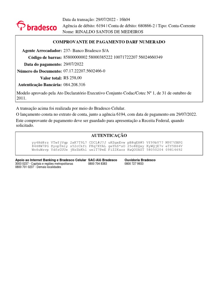 Comprovante de Pagamento DARF Bradesco | PDF